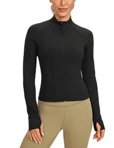 crz yoga butterluxe womens cropped slim fit workout jackets - weightless track athletic full zip jacket with thumb holes black medium