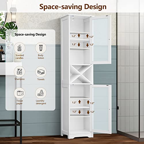 Iwell Tall Bathroom Storage Cabinet with 2 Doors & Adjustable Shelves, Bathroom Floor Cabinet with Removable X-Shaped Stand, Linen Cabinet, Narrow Cabinet for Bathroom, Living Room, White