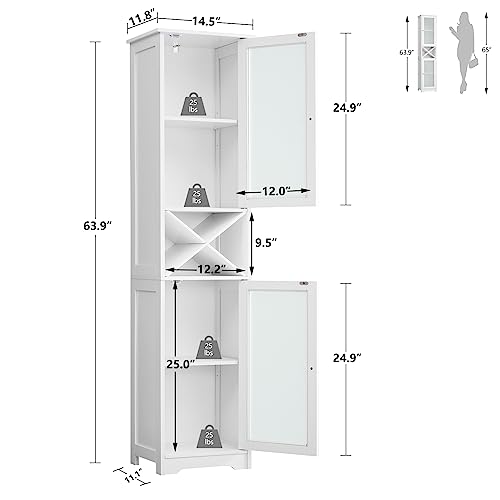 Iwell Tall Bathroom Storage Cabinet with 2 Doors & Adjustable Shelves, Bathroom Floor Cabinet with Removable X-Shaped Stand, Linen Cabinet, Narrow Cabinet for Bathroom, Living Room, White