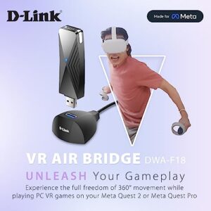 D-Link VR Air Bridge for Meta Quest 2/3/Pro - Dedicated WiFi 6 Connection Between Quest VR Headset and Gaming PC - Wire-Free/LAG-Free PCVR Gameplay - Official Made for Meta Accessory (DWA-F18)