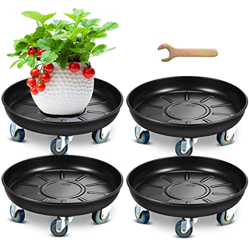 4 Pieces Black Round Flower Pot Mover Rolling Plant Pallet Dolly Caddy with 20 Wheels Mover 16 Inch Heavy Duty Plant Stand Metal Plant Stand Black Plant Stand for Indoor Outdoor Garden