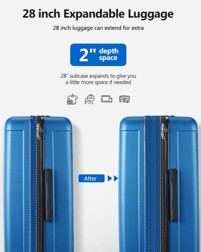 SunnyTour Hardside Luggage Sets with Tag, Luggage 3 Piece Set with Double Spinner Wheels, 28" Expandable Checked Luggage, Blue