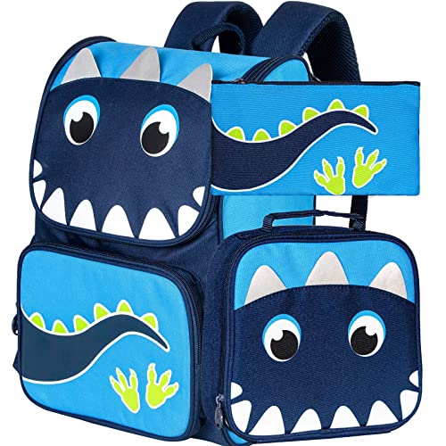 KLFVB 3PCS Boys Backpack, 15" Dinosaur Bookbag with Lunch Box, Kids Preschool School bag for Elementary Students - Blue