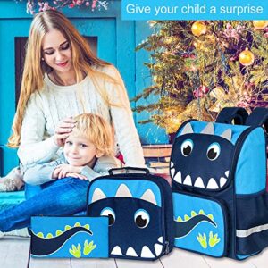 KLFVB 3PCS Boys Backpack, 15" Dinosaur Bookbag with Lunch Box, Kids Preschool School bag for Elementary Students - Blue