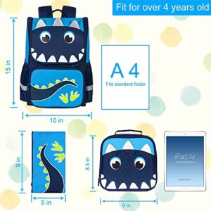 KLFVB 3PCS Boys Backpack, 15" Dinosaur Bookbag with Lunch Box, Kids Preschool School bag for Elementary Students - Blue