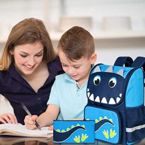 KLFVB 3PCS Boys Backpack, 15" Dinosaur Bookbag with Lunch Box, Kids Preschool School bag for Elementary Students - Blue