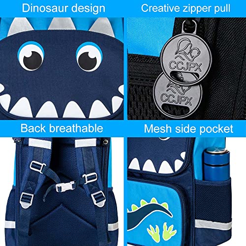 KLFVB 3PCS Boys Backpack, 15" Dinosaur Bookbag with Lunch Box, Kids Preschool School bag for Elementary Students - Blue