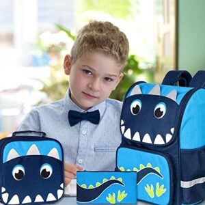 KLFVB 3PCS Boys Backpack, 15" Dinosaur Bookbag with Lunch Box, Kids Preschool School bag for Elementary Students - Blue