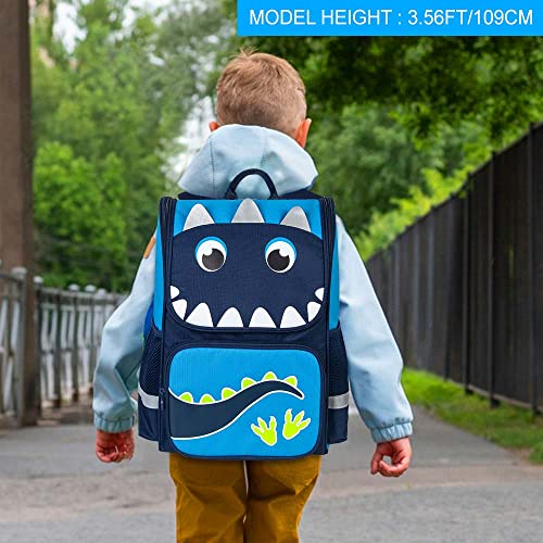 KLFVB 3PCS Boys Backpack, 15" Dinosaur Bookbag with Lunch Box, Kids Preschool School bag for Elementary Students - Blue