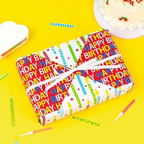 WRAPAHOLIC Birthday Reversible Wrapping Paper - Mini Roll - 17 Inch X 33 Feet - Happy Birthday Lettering on Red Design for Birthday, Holiday, Party, Baby Shower