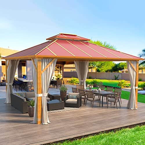 Erinnyees 12' x 14' Wood Grain Hardtop Gazebo, Outdoor Aluminum Composite Double Roof with Privacy Curtain and Mosquito Net for Patio, Lawn, Garden, Deck(Wood Looking, Wine Red)