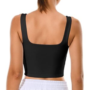 Colorfulkoala Women's Body Contour Square Neck Tank Tops Sleeveless Strappy Crop Double Lined Shirts(L, Black)