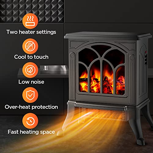 Electric Fireplace Heater, Eficentline Space Heater with 3s Fast Heating, 1500W 750W, 3D Realistic Flame, Overheat Tip-Over Protection,Free Standing Stove Without Noise 120V 60Hz for Indoor Use