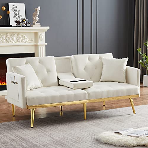 Antetek Convertible Futon Sofa Bed, 69-inch Modern Tufted Velvet Sleeper Sofa Couch Oversized Loveseat Sofa w/3 Adjustable Positions, 6 Metal Legs and Cup Holder for Living Room Bedroom Office, Beige