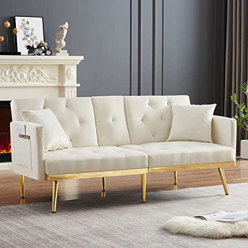 Antetek Convertible Futon Sofa Bed, 69-inch Modern Tufted Velvet Sleeper Sofa Couch Oversized Loveseat Sofa w/3 Adjustable Positions, 6 Metal Legs and Cup Holder for Living Room Bedroom Office, Beige