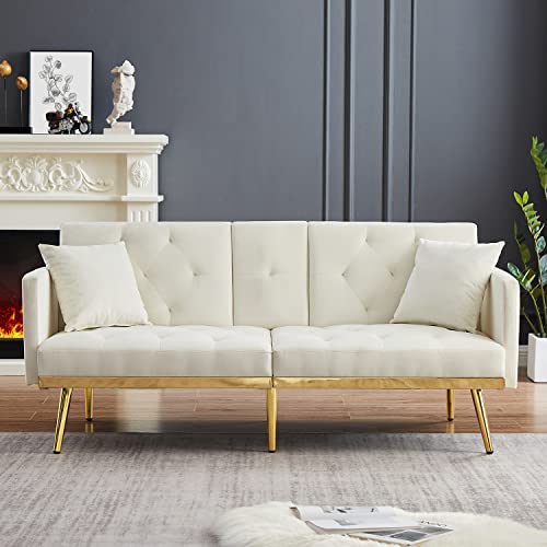 Antetek Convertible Futon Sofa Bed, 69-inch Modern Tufted Velvet Sleeper Sofa Couch Oversized Loveseat Sofa w/3 Adjustable Positions, 6 Metal Legs and Cup Holder for Living Room Bedroom Office, Beige