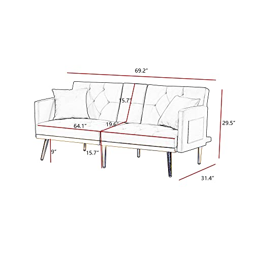 Antetek Convertible Futon Sofa Bed, 69-inch Modern Tufted Velvet Sleeper Sofa Couch Oversized Loveseat Sofa w/3 Adjustable Positions, 6 Metal Legs and Cup Holder for Living Room Bedroom Office, Beige