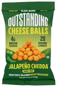 outstanding foods outstanding cheese balls jalapeno chedda - plant based dairy free, gluten free, low carb cheese snacks - vegan snacks with 20 essential vitamins and minerals, 3 oz (pack of 8)