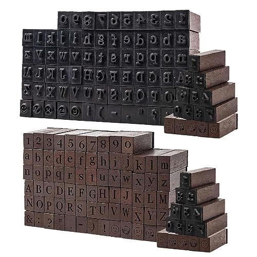 Brevero 75pcs Letter Stamps | Alphabet Stamps Vintage Wooden Includes 5 Emojis Rubber Stamps for Crafts ABCs| Letter Number Stamping Set |Wooden Letter Stamps in Educational Scrapbooking