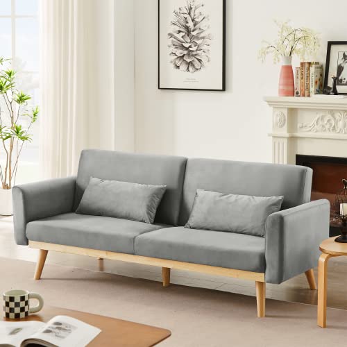 DKLGG Grey Futon Sofa Bed, Velvet Convertible Sofa Couch Sleeper with Wood Legs & 2 Pillows, Upholstered Loveseat for Small Spaces Living Room Bedroom Furniture, 3 Adjustable Positions, Easy Assembly