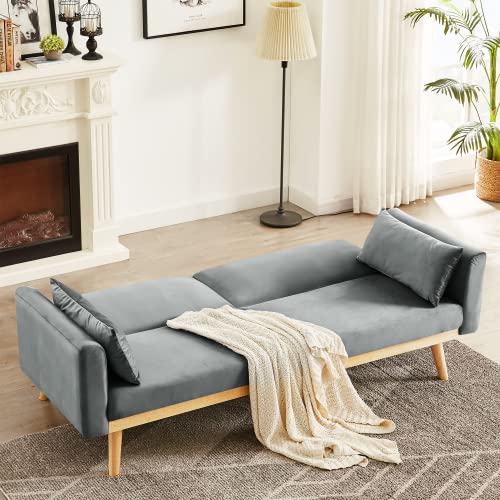 DKLGG Grey Futon Sofa Bed, Velvet Convertible Sofa Couch Sleeper with Wood Legs & 2 Pillows, Upholstered Loveseat for Small Spaces Living Room Bedroom Furniture, 3 Adjustable Positions, Easy Assembly