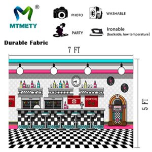 MTMETY 7x5ft Durable Soft Fabric 50s Retro Rock N Roll Diner Party Backdrop Sock Hop Dance Cosplay Prom Photography Background Classic 1950s Baby Adult Birthday Wedding Banner Photo Booth RBJLSME024