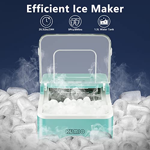 KUMIO Ice Makers Countertop, 9 Bullet Ice Ready in 6-8 Mins, 26.5 lbs/24 hrs, Self-Cleaning Ice Maker, Portable Ice Machine with Ice Scoop & Basket, Blue