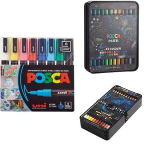 posca 8-color paint marker set, pc-3m fine point + posca heat pliable oil & wax based pastels pack with 24 colors + posca oil & wax based pencil pack with extra strength tips, 36 colors