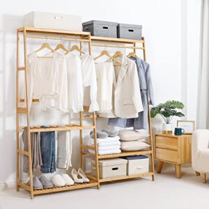 Homde Bamboo Clothes Rack Heavy Duty Garment Racks for Hanging Clothes, Max Load 440lbs, Freestanding Clothing Rack Closet with 6 Shelves, 67" H*61" W*15.74" D