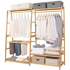 homde bamboo clothes rack heavy duty garment racks for hanging clothes, max load 440lbs, freestanding clothing rack closet with 6 shelves, 67" h*61" w*15.74" d