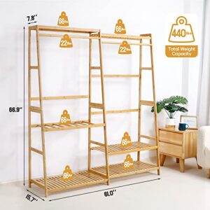 Homde Bamboo Clothes Rack Heavy Duty Garment Racks for Hanging Clothes, Max Load 440lbs, Freestanding Clothing Rack Closet with 6 Shelves, 67" H*61" W*15.74" D