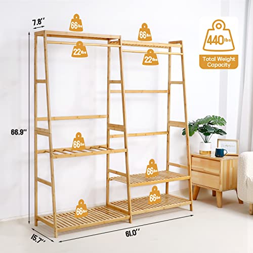 Homde Bamboo Clothes Rack Heavy Duty Garment Racks for Hanging Clothes, Max Load 440lbs, Freestanding Clothing Rack Closet with 6 Shelves, 67" H*61" W*15.74" D