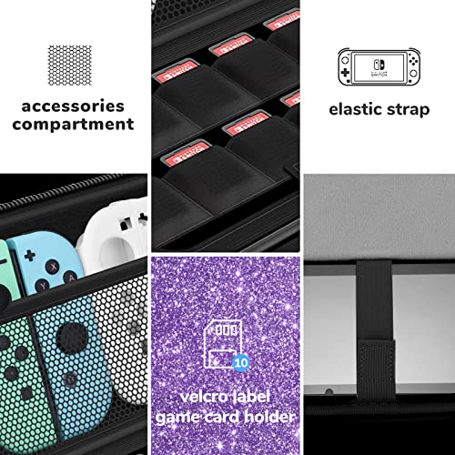 Glitter Carrying Case for Nintendo Switch and Switch OLED Console,Purple Hard Travel Case Shell Pouch for Nintendo Switch Console & Accessories,Protective Carry Case Compatible with Nintendo for Girls