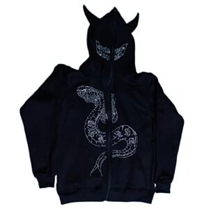 ponitrack y2k rhinestone aesthetic graphics devil snake zip hooded sweatshirt harajuku goth oversized hoodie grunge emo (black,large,large)