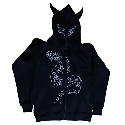 Ponitrack Y2K Rhinestone Aesthetic Graphics Devil Snake Zip Hooded Sweatshirt Harajuku Goth Oversized Hoodie Grunge Emo (Black,Large,Large)