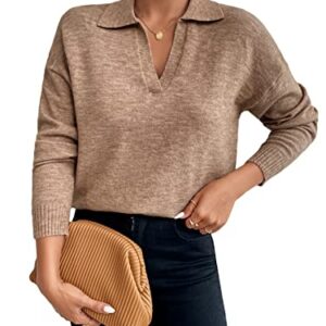 SHENHE Women's Casual V Neck Long Sleeve Knitted Pullover Polo Sweater Jumper Tops Camel M