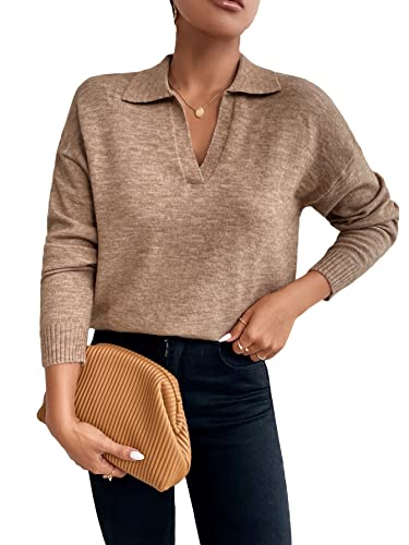 SHENHE Women's Casual V Neck Long Sleeve Knitted Pullover Polo Sweater Jumper Tops Camel M