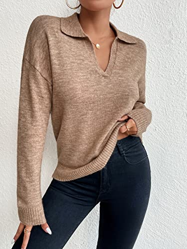 SHENHE Women's Casual V Neck Long Sleeve Knitted Pullover Polo Sweater Jumper Tops Camel M