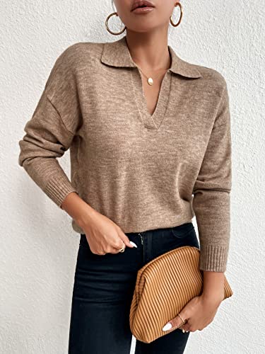 SHENHE Women's Casual V Neck Long Sleeve Knitted Pullover Polo Sweater Jumper Tops Camel M