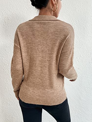 SHENHE Women's Casual V Neck Long Sleeve Knitted Pullover Polo Sweater Jumper Tops Camel M