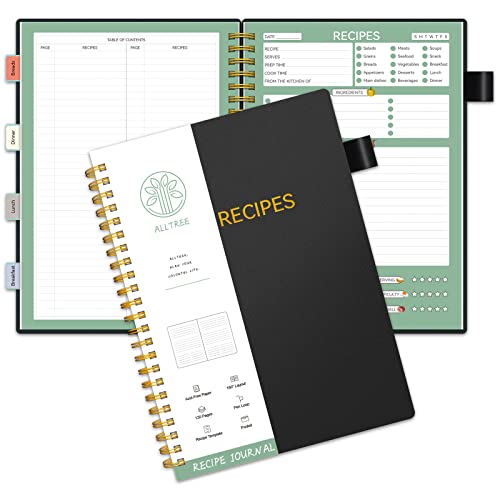 Alltree Recipe Book to Write in Your Own Recipes, Sprial Personal Blank Recipe Book, Blank Recipe Notebook with 15 Tabs for Family Cooking Lover, 120 Pages Recipe Organizer, Black(5.5"x8.5")