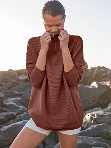 ANRABESS Oversized Sweater for Women Quarter Zip Pullover Casual Long Sleeve Half Zip Collared Lapel V Neck Baggy Slouchy Knitted Tunic Jumper Clothes 2023 Fall 802xiuhong-M Rust