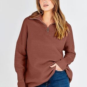 ANRABESS Oversized Sweater for Women Quarter Zip Pullover Casual Long Sleeve Half Zip Collared Lapel V Neck Baggy Slouchy Knitted Tunic Jumper Clothes 2023 Fall 802xiuhong-M Rust