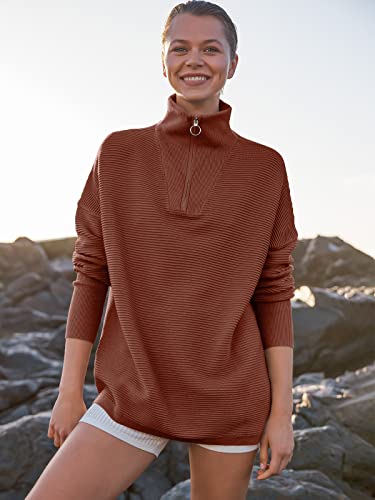 ANRABESS Oversized Sweater for Women Quarter Zip Pullover Casual Long Sleeve Half Zip Collared Lapel V Neck Baggy Slouchy Knitted Tunic Jumper Clothes 2023 Fall 802xiuhong-M Rust