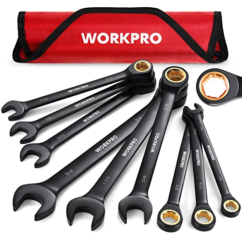 WORKPRO 9-Piece Anti-Slip Ratcheting Combination Wrench Set, SAE 1/4"-3/4", 72-Tooth, Cr-V Constructed, Black Ratchet Wrenches Set with Roll Up Pouch