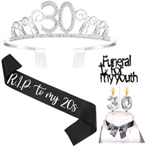 4 pcs 30th birthday decorations for women 30th birthday crown tiara rip to my 20s birthday sash funeral for my youth cake topper 30th birthday candles 30th birthday gifts for her