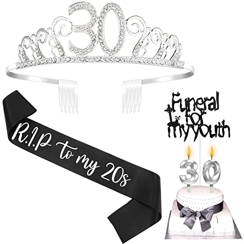 4 Pcs 30th Birthday Decorations for Women 30th Birthday Crown Tiara Rip to My 20s Birthday Sash Funeral for My Youth Cake Topper 30th Birthday Candles 30th Birthday Gifts for Her