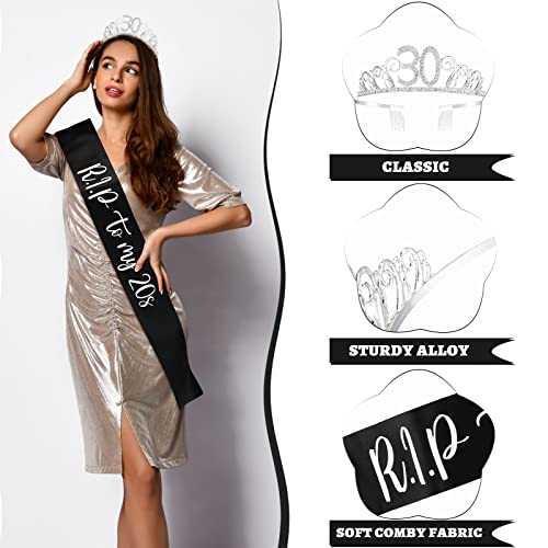 4 Pcs 30th Birthday Decorations for Women 30th Birthday Crown Tiara Rip to My 20s Birthday Sash Funeral for My Youth Cake Topper 30th Birthday Candles 30th Birthday Gifts for Her