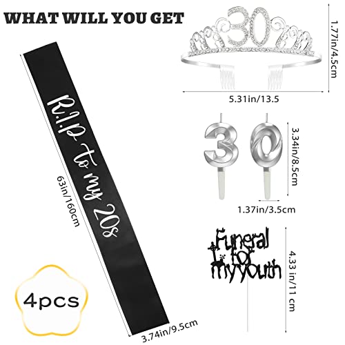 4 Pcs 30th Birthday Decorations for Women 30th Birthday Crown Tiara Rip to My 20s Birthday Sash Funeral for My Youth Cake Topper 30th Birthday Candles 30th Birthday Gifts for Her