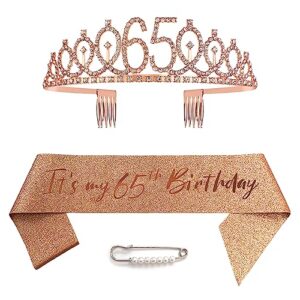 ceqiny 65th birthday sash tiara and crowns for girls, birthday queen rose gold tiara, princess tiara rhinestone headbands with combs bridal wedding tiaras for wedding prom bridal party christmas